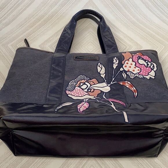Longchamp | Bags | Longchamp Denim Faux Leather Pinkfloraltotebag ...